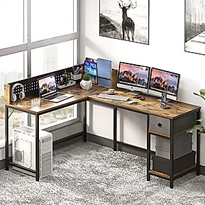 NSdirect Computer Desk,55" Home Office Desk with Bookshelf Industrial Study Writing Table with Space Saving Design Modern Simple Style Laptop Table (Rustic Brown)