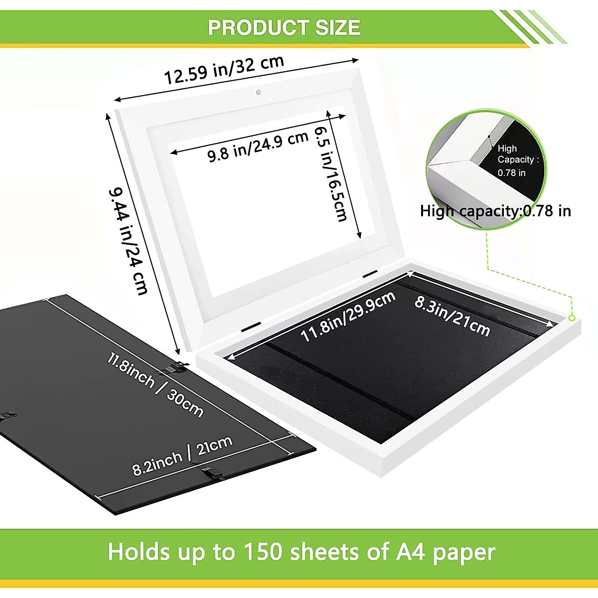 TUTULOO A4 Kids Art Frame - Holds 50 Pcs Art Work - Dark Acrylic Frame - Minimalist Style - Front Opening - Vertical Orientation - Tabletop, Wall Mount