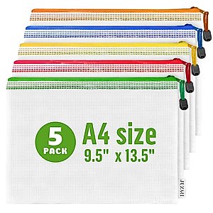 5 Pack Mesh Zipper Pouch Bags A4-13.5x9.5 in Plastic Zipper Pouches for Organizing - Document Bags With Zippers - Letter Size Zippered Pouches - Document Pouch With Zippers