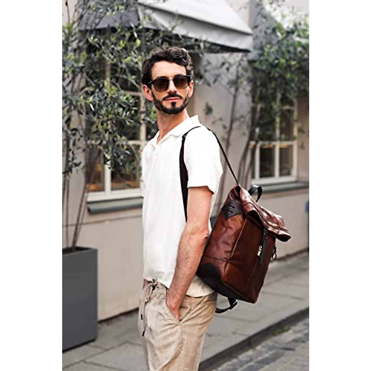 Time Resistance Leather Backpack for Men and Women Stylish Business Travel Backpack for Laptop (Cognac)