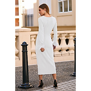 PRETTYGARDEN Women's 2024 Fall Long Sleeve Dress Formal Midi Bodycon Wrap Slit Feather Elegant Wedding Guest Cocktail Dresses (Beige White,Large)