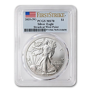 2025 (W) 1 oz American Silver Eagle Coin MS-70 (First Strike - Struck at West Point - Flag Label) $1 PCGS MS70