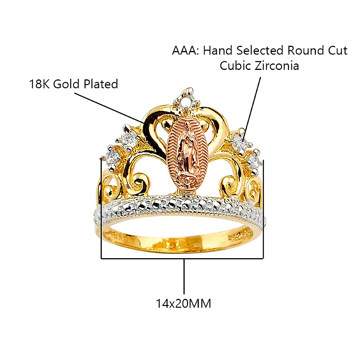 Savlano 18K Gold Plated Yellow & Rose Color Lady of Guadalupe Virgin Mary with Round Cut Cubic Zirconia Women Religious Crown Ring (8)