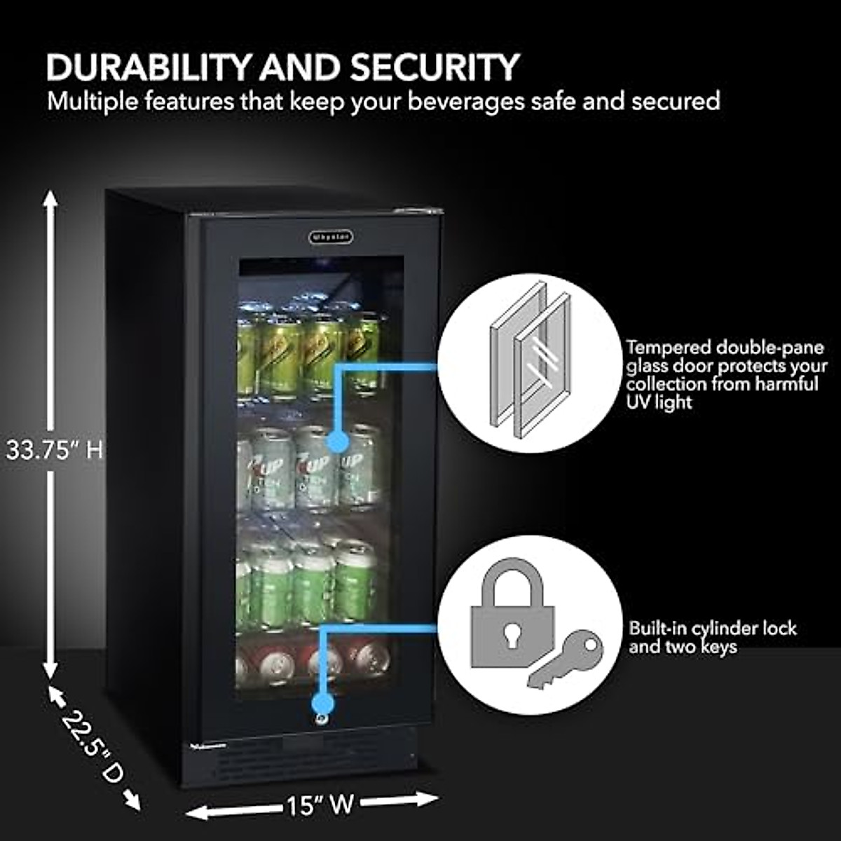 Whynter BBR-801BG Built Beverage Refrigerator and Cooler Mini Fridge with Glass Door with Lock, 3.0 Cubic Feet, Black, 100, Can