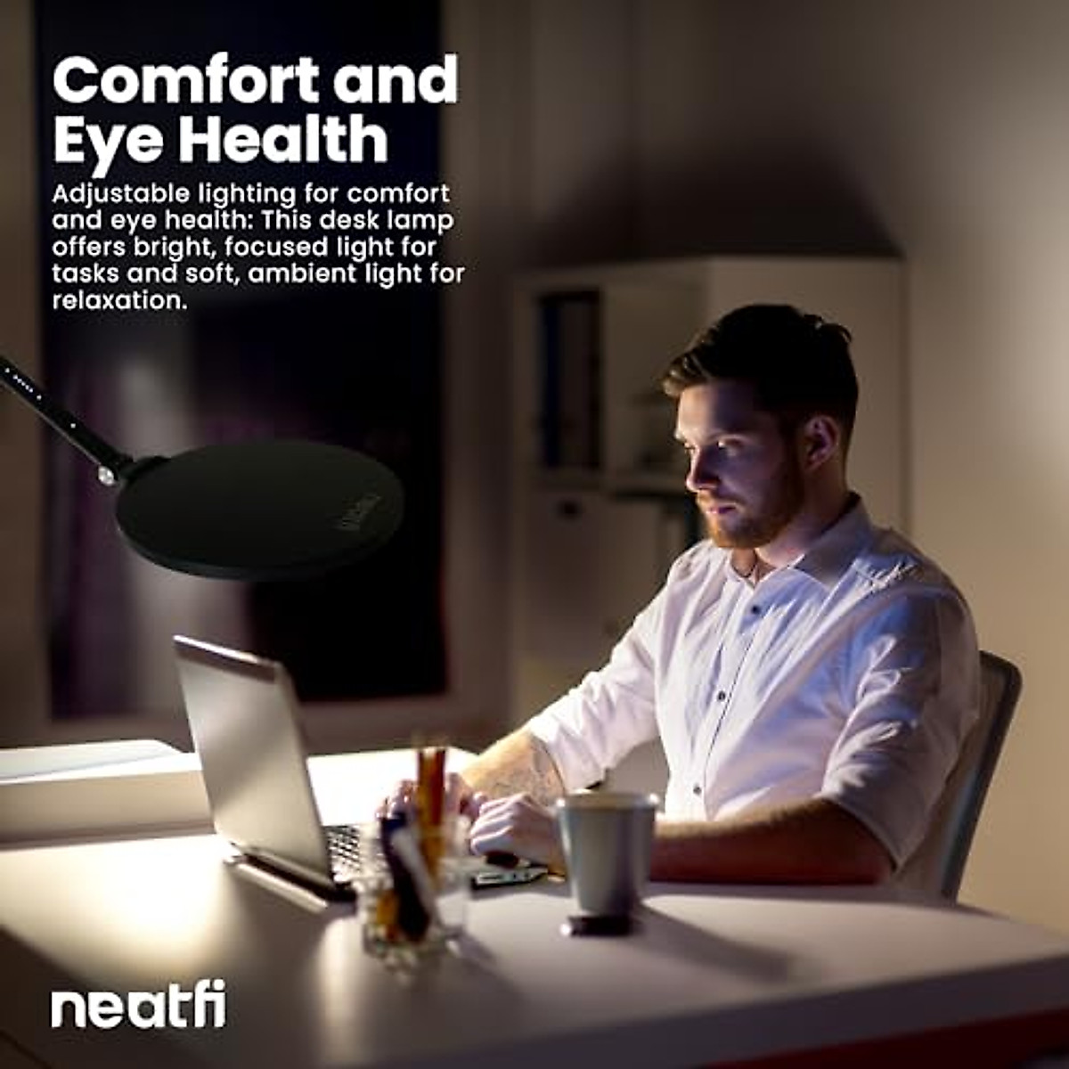 Neatfi Multi-Functional Desk Lamp, Dimmable, 3 Light Modes, 5 Brightness Levels, Zoom/Webcam Light, Touch Controls, USB/Plug Powered, Adjustable Arm (with Phone Holder and Clamp)