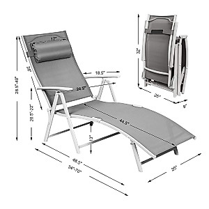 hysache Folding Lounge Chair, Patio Chaise Lounge w/Portable Design and 7 Adjustable Positions, Outdoor Lawn Chair w/Removable Cushion and Pillow for Yard, Poolside (Gray)