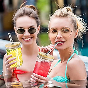 Mason Jar with Bamboo Lids and Stainless Steel Straw, 6 Pack Glass Cups Set, 16oz Cute Boba Drinking Glasses, Mason Jar Cups, Travel Tumbler Bottle for Beer, Iced Coffee, Smoothie, Bubble Tea, Gift