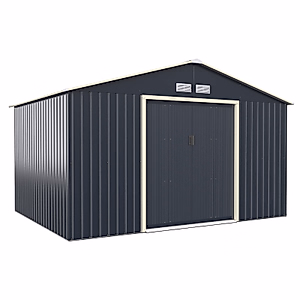 IRONMAX 11x8 FT Outdoor Storage Shed, Galvanized Steel Garden Shed w/Double Sliding Doors & Air Vent for Lawnmower Tool Bike, Heavy Duty Tool Storage House for Backyard Patio Lawn