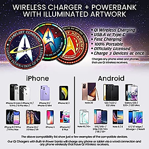 Star Trek Qi Wireless Charger with Built-in Backup Battery Pack for Wired and Wireless Charging. Portable Wireless Phone Charger with Starfleet Illuminated Logo. StarTrek Gifts, Collectibles, Gadgets