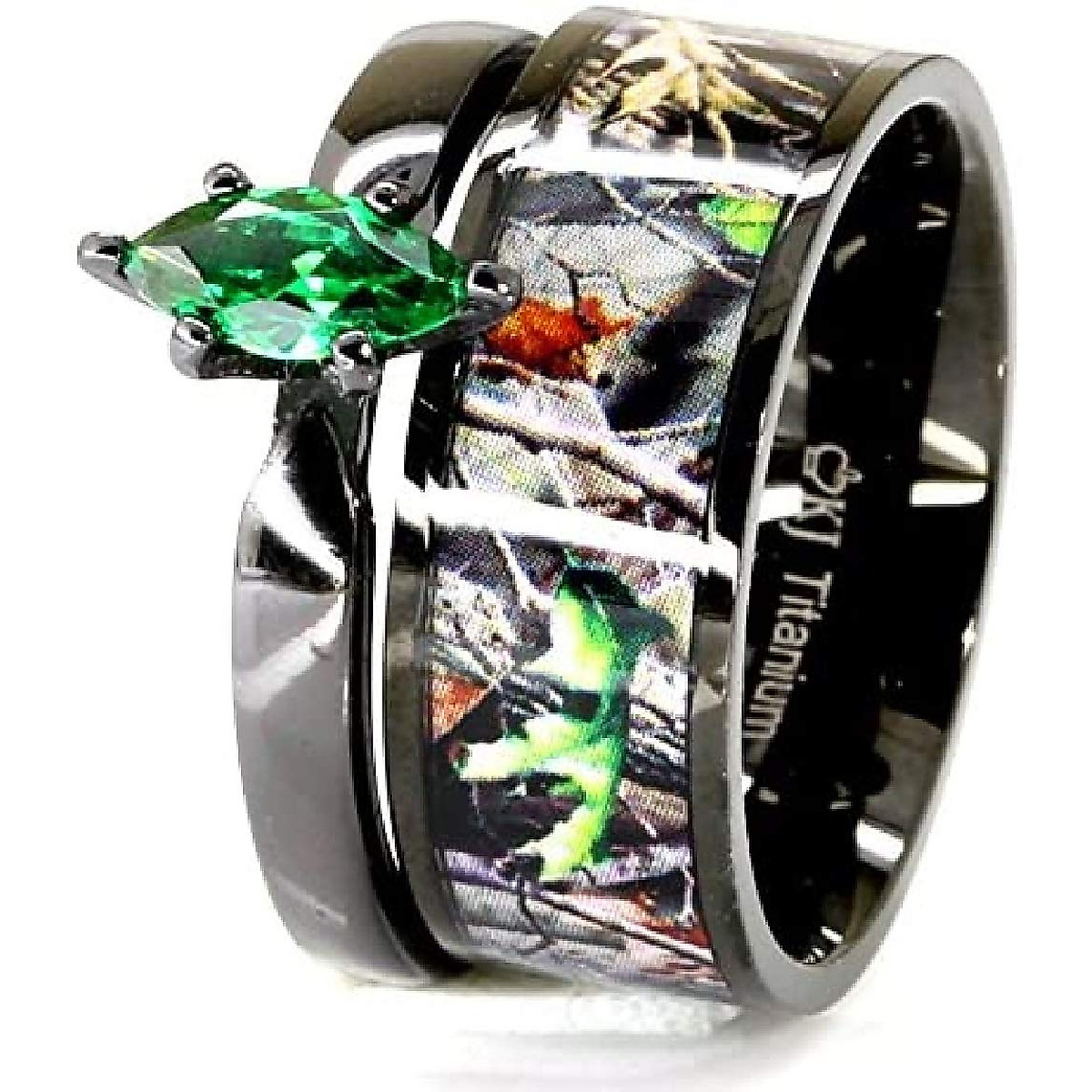 Black Titanium Camo & Geen Marquise Stainless Steel Engagement Wedding Ring Set (7)