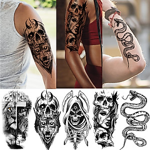 52 Sheets Black Temporary Tattoos for Kids Men and Women, Include 10 Sheets Large Half Arm Sleeve Fake Tattoos, 200+ PCS Spider Scorpion Snake Tiger Lion Skull Bat Vampire Scar Fake Tattoo Sticker