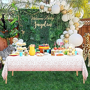 Rose Gold Polka Dot White Tablecloth, 2 Pcs Disposable Plastic Table Cloths, Rose Gold Confetti Table Cover for Birthday Parties Wedding Anniversary Baby Shower Fine Dining Decor 54 × 108 inches