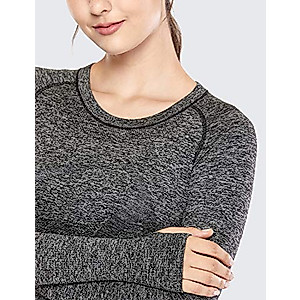 CRZ YOGA Women's Seamless Athletic Long Sleeves Sports Running Shirt Breathable Gym Workout Top Black/White-Slim Fit Large