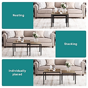 Smuxee Nesting Coffee Table Set of 2, Square Modern Stacking Table with Wood Finish, Industrial End Table Side Tables for Living Room Bedroom Balcony Yard Oak