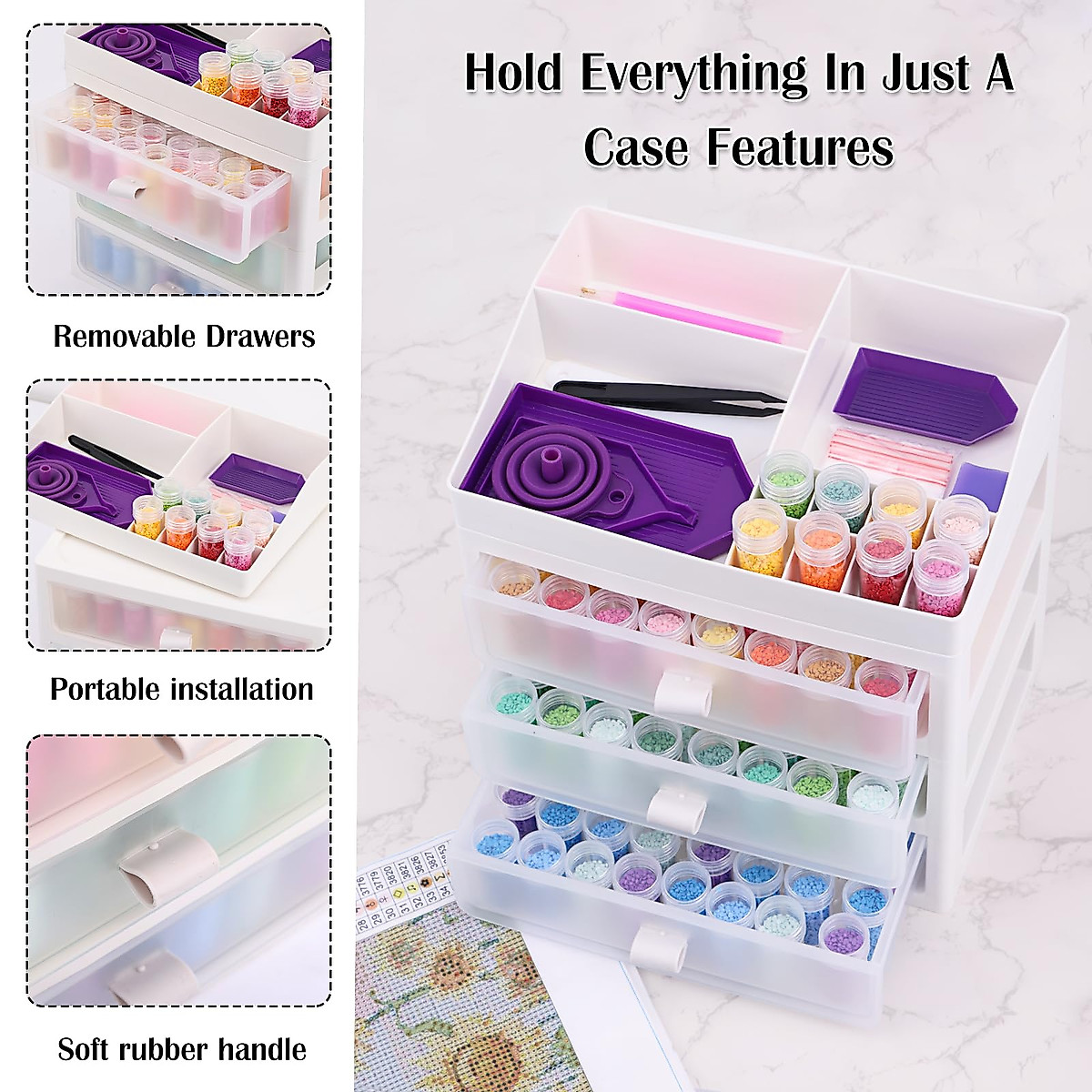 QUEFE Diamond Painting Storage, 3 Drawers, 144 Slots Storage Bottles, Diamond Painting Accessories and Tools, Diamond Art, Bead Box, Diamond Painting Organizer