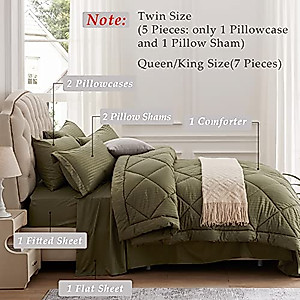 NexHome Bed in a Bag Comforter Sets Queen Green All Season Down Alternative Comforter Soft Microfiber Dobby Stripe 7 Pieces-1 Comforter 2 Pillow Shams 2 Pillowcases 1 Flat Sheet 1 Fitted Sheet