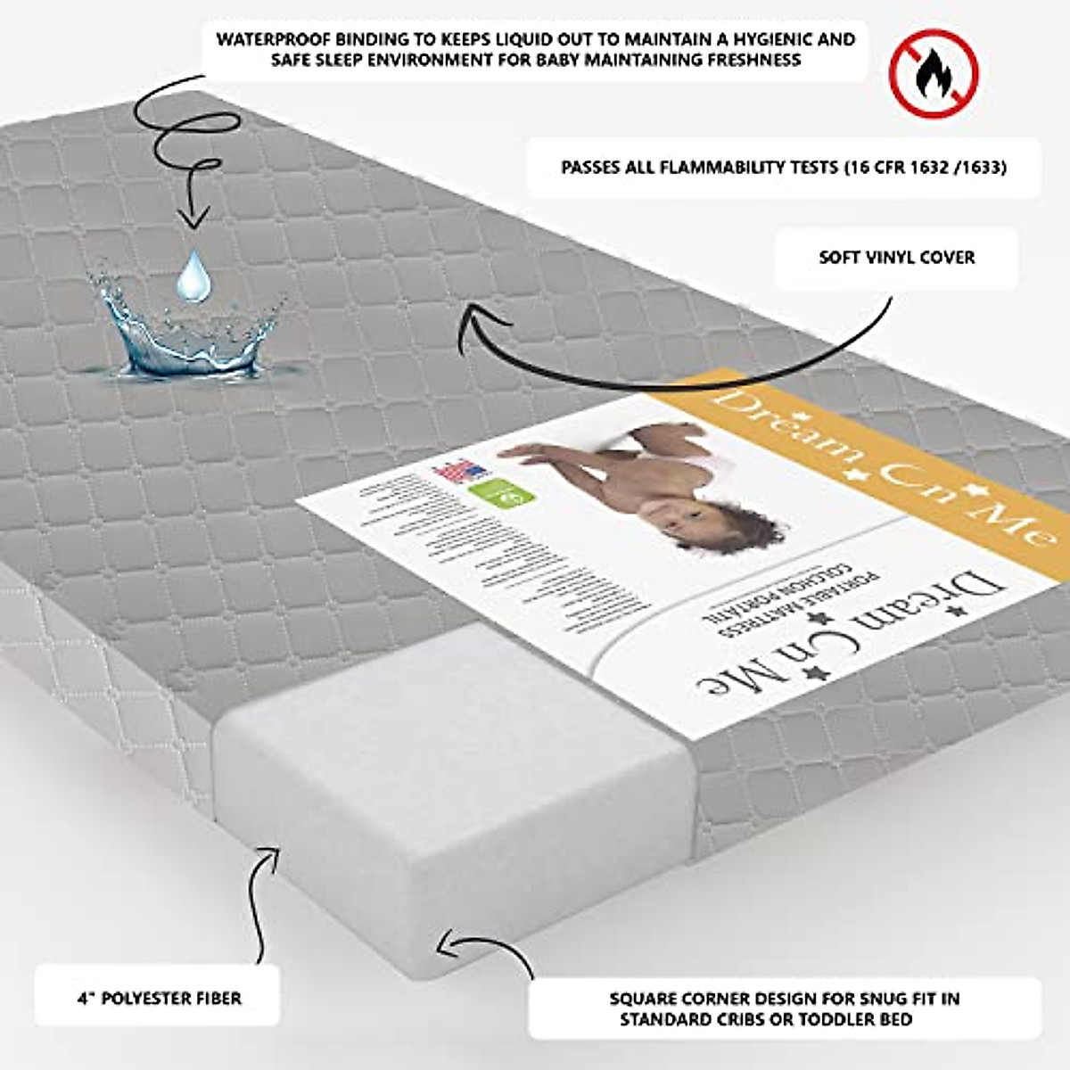 Dream On Me Asheville 4” Firm Fiber Crib And Toddler Mattress | Waterproof | GreenGuard Gold Certified | Dual-Sided Mattress | Grey Embossed Cover | Lightweight Reversible Design