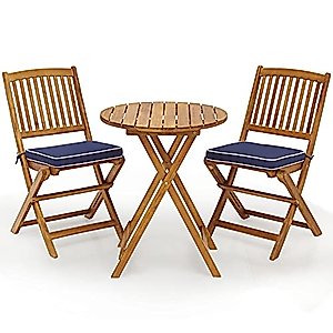 HAPPYGRILL 3-Piece Patio Bistro Set Table & Chair with Cushions Foldable Wooden Furniture Chairs and Coffee Table for Outdoor Balcony Garden Backyard