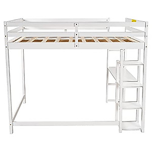 MOEO Full Size Loft Bed with Desk and Shelves, Wooden Style Bedframe for Kids, Adults, Teens,No Box Spring Needed, White