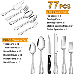 Homikit 77-Piece Silverware Set with Steak Knives and Serving Utensils, Stainless Steel Flatware Cutlery Set for 12, Modern Eating Utensil Tableware Sets with Pearled Edge, Include Knife Spoon Fork