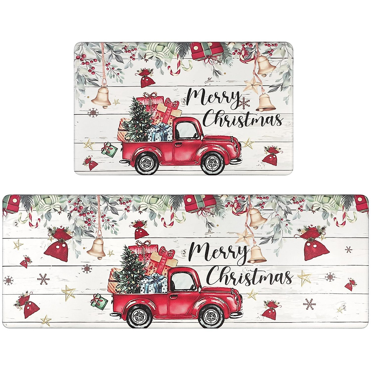 VSIWB Christmas Kitchen Rugs Sets of 2 Rustic Anti Fatigue Kitchen Mats for Floor Red Truck Wood Grain Kitchen Rugs and Mats Non Slip Cushioned Floor Carpet for Winter Holiday Xmas Home Decor