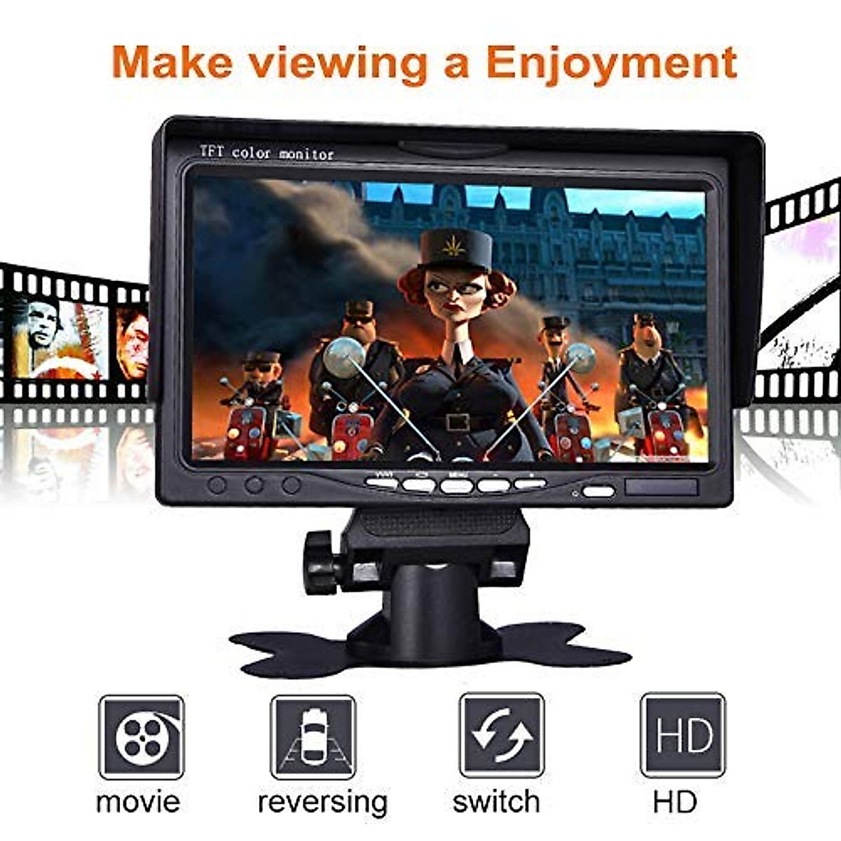 Vehicle On-Dash Backup Monitor, 7" Digital HD Car TFT LCD Color Screen Display with 2 Video Input for Rear View Camera(800x 480)