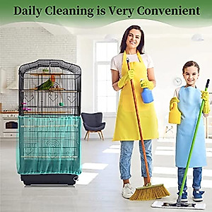 Daoeny 2Pcs Universal Bird Cage Cover, Adjustable Seed Feather Catcher, Soft Airy Nylon Mesh Parrot Net, Birdcage Cover Skirt Sheer Guard for Round Square Cages (Green+ Blue)