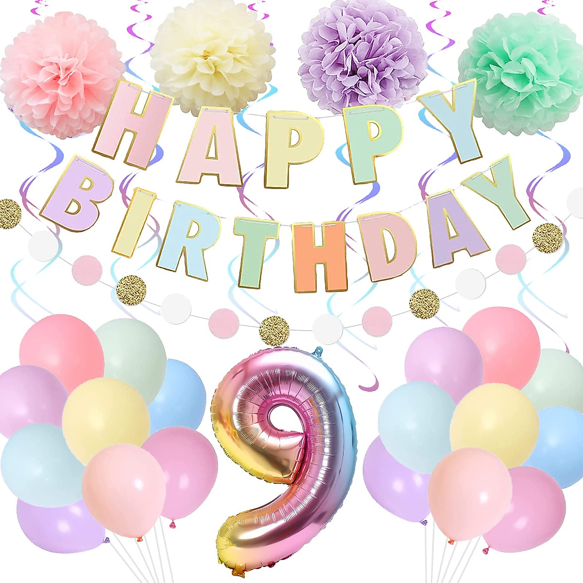 BRT Bearingshui 9th Birthday Decorations for Girls Boys, 40 Inch Rainbow Gradient Number 9 Balloon, 9th Birthday Balloon, Happy Birthday Banner, Children’s 9th Birthday Party Supplies for Kids