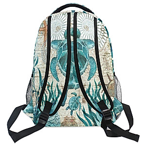 Vdsrup Vintage Turtle Backpack for Girls Kids Boys Ocean Sea Starfish World Map School Book Bag Waterproof Student Laptop Backpacks College Carrying Bags Casual Durable Lightweight