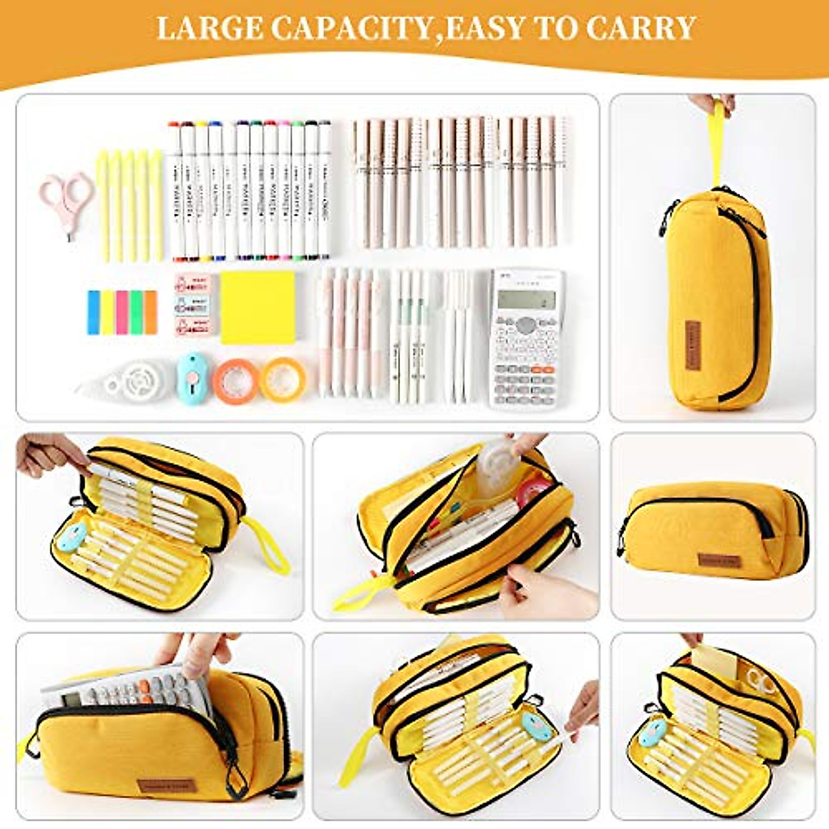 Tineeba Big Capacity Pencil Case Pouch Bag Pen Boxes for Girls Boys Supplies for College Students Middle High School Office Large Storage (Yellow)