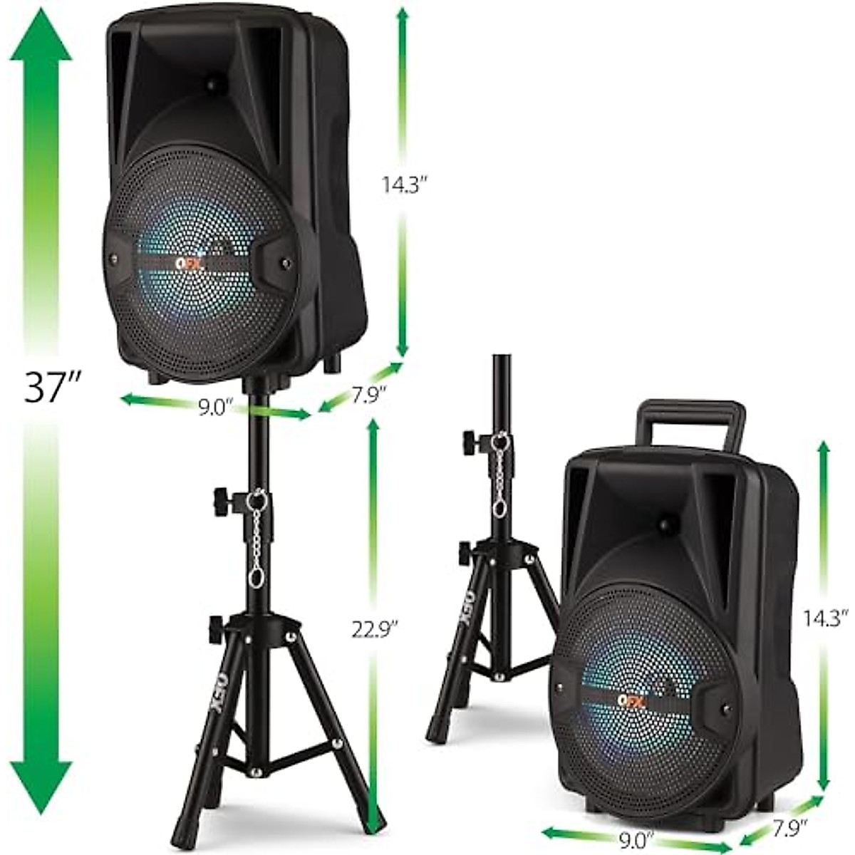 QFX PBX-800TWS 8-Inch TWS Bluetooth Stereo PA System with 2 8" Speakers, 2 Microphones, 2 Stands, and a Remote Control