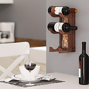 Rustic State Blanc Wall Mounted Wood Vertical Wine Rack and Cork Storage Holder Shelf Organizer for 3 Bottles - Home, Kitchen, Dining Room Bar Décor - Walnut