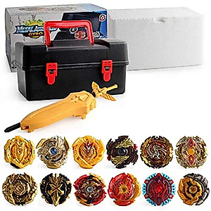 XIXIPOPOMT 12 Pcs Gyros Burst Turbo Gyros Top Evolution Metal Fusion Burst Gyro Toy Battle Gyro Battling Tops Game Set with 12 Spinning Top and 3 Launchers, Age 6+