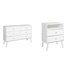 Prepac Milo Mid-Century 6 Drawer Double Dresser for Bedroom, 16" D x 52.50" W x 33" H, White & Milo Mid-Century Modern 2 Drawer Nightstand with Open Shelf, 16" D x 22.5" W x 29.5" H, White