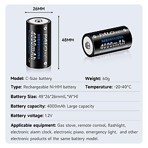 Palowextra Rechargeable C Batteries Ni-MH 1.2V 4000mAh C Size Battery Cell with Storage Case, 6 Pack
