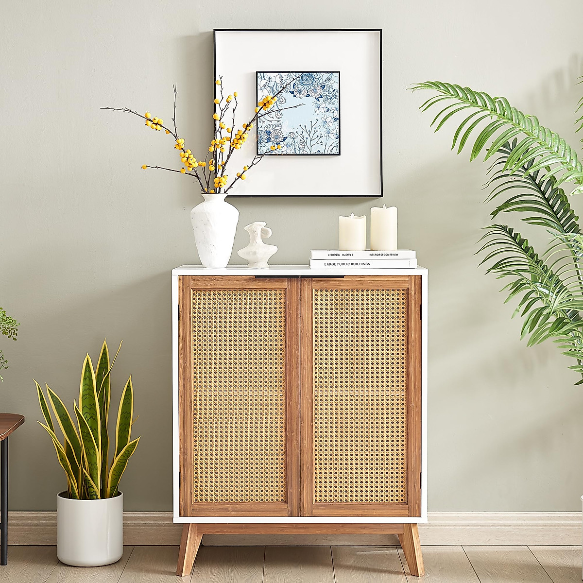 EFURDEN Sideboard Buffet, Kitchen Storage Cabinet with Rattan Decorated Doors, Accent Cabinet with Solid Bamboo Feet, Waterproof Tabletop and Large Storage Space-White