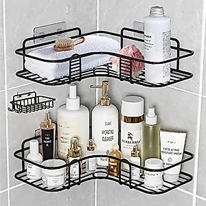 Corner Shower Caddy, Bathroom Accessories for Bathroom Storage, 2-Pack No Drilling RustProof Stainless Steel Shower Rack Wall Shelves Organizer, 1 Soap Holder with 8 Adhesive Hooks, Black