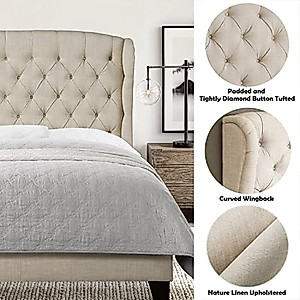 Rosevera Benicia Bed Frame,Platform Bed Frame with Signature Design Adjustable Headboard,Fabric Upholstered with Button Tufted Bed for Bedroom,Wood Slat Support,Eesy Assembly,Queen,Natural