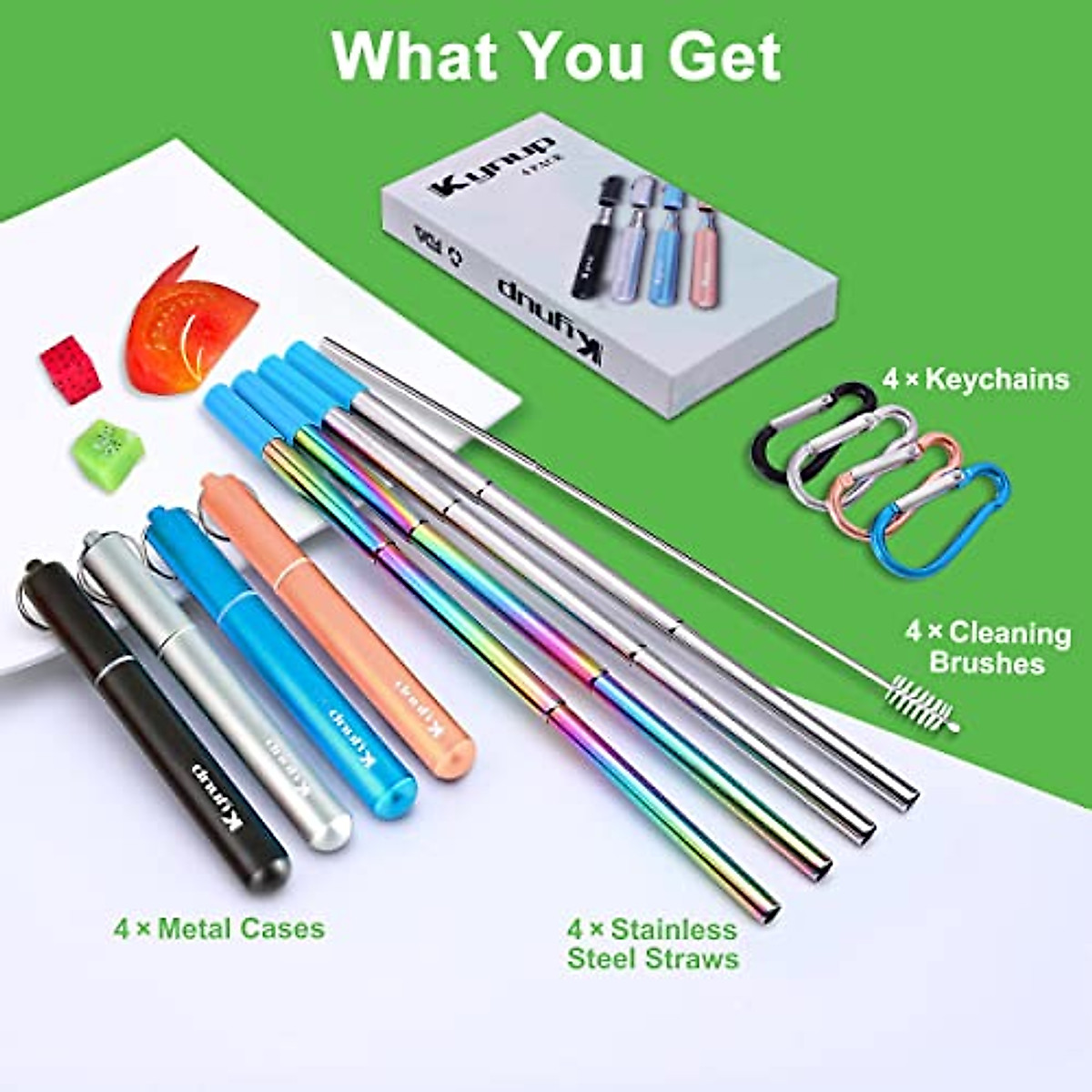Kynup Reusable Straws, 4Pack Collapsible Portable Foldable Metal Straw Stainless Steel Drinking Travel Telescopic Straw with Case, Cleaning Brushes, Keychain Gifts (Blue-Black- Rose Gold-Silver)