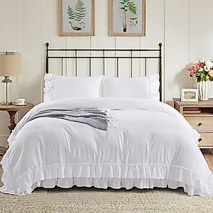 HIGI 3 Piece Pre-Washed Queen Off White Duvet Cover Set - 2 Layers Ruffle with Solid Color Design - Farmhouse Style Farmer House Comforter Cover Set with 4 Corner Ties - Zipper Closure (Hans)