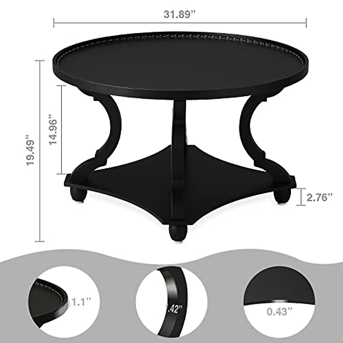 Wnutrees Farmhouse Round Coffee Table, Rustic Circle Coffee Table with Wood Tray Top for Living Room, Boho Coffee Table with Storage Shelf, Handcrafted Finish,Black