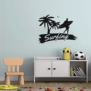 Vinyl Wall Art Surfing Wall Decal Gym Sports Boys Teenages Surf Board Palm Tree Wall Sticker Removable Wall Mural for Bedroom Living Room TM-62 (Black)