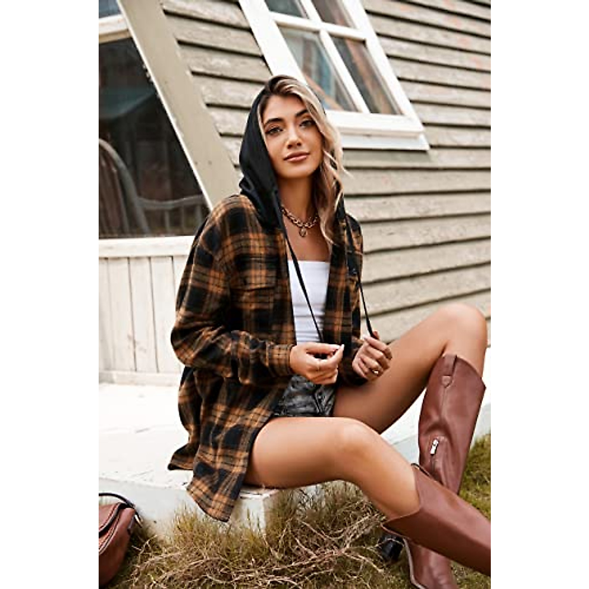 Blooming Jelly Women's Flannel Shirts Plaid Shacket Oversized Button Down Shirt Hooded Business Casual Blouses 2023 Fall Outfits (Yellow Plaid,Small)