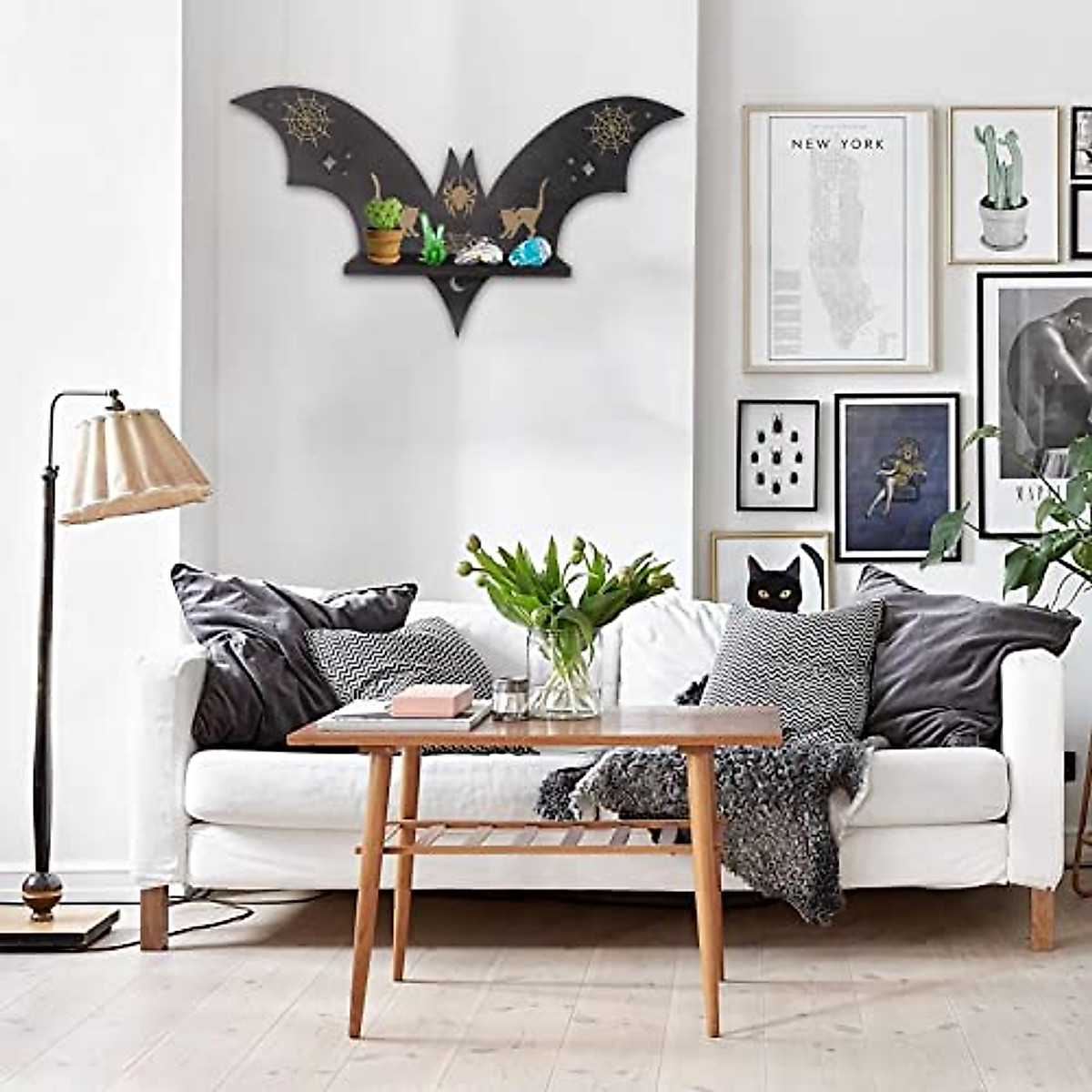 suyam Crystal Display Shelf,Bat Crystal Shelf Wooden Floating Shelf | Wall Hanging Crystal Holder Stand Decor for Crystals Stones Essential Oils Display