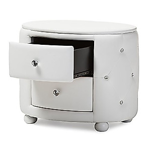 Baxton Studio Davina Hollywood Glamour Style Oval 2-Drawer Faux Leather Upholstered Nightstand, Medium, White