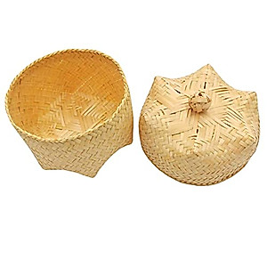 Bamboo Sticky Rice Serving Basket 4.5 x 3.5 Inch, Kratip, Intricately Woven Container, Hexagon-Shaped Weave Pattern, Thailand Handmade, Natural Color (Original Natural Bamboo Color)