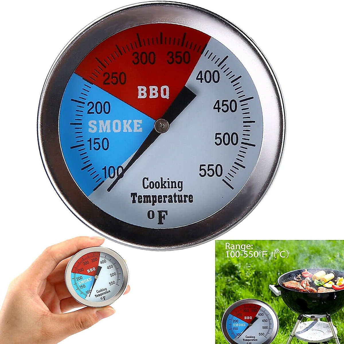 1Pc Silver BBQ Thermometer Gauge Kitchen Oven Smoke Grill Thermometer 3 Color-Coded Zones Grill Wood Charcoal Temperature Gauge Quick Response Stainless Steel with Large Dial Metal Grill Thermometers