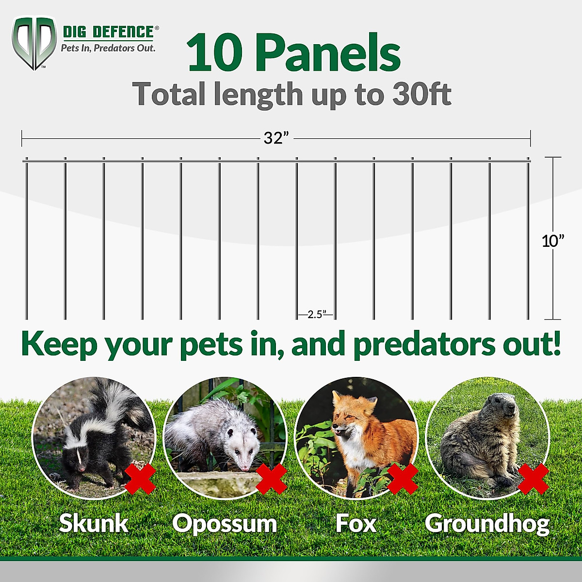 Dig Defence 10 Pack, 30’ Original Animal Barrier Fence - Large No Dig Fence for Dogs and Rabbits, Durable Outdoor Dog Fence Barrier for Yard & Patio