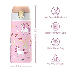 GLINK Kids Insulated Water Bottle with Straw for School, Cute Stainless Steel with Auto Flip Lid Water Bottle for Kids, Children, Boys, Girls (14oz, Unicorn-Pink)