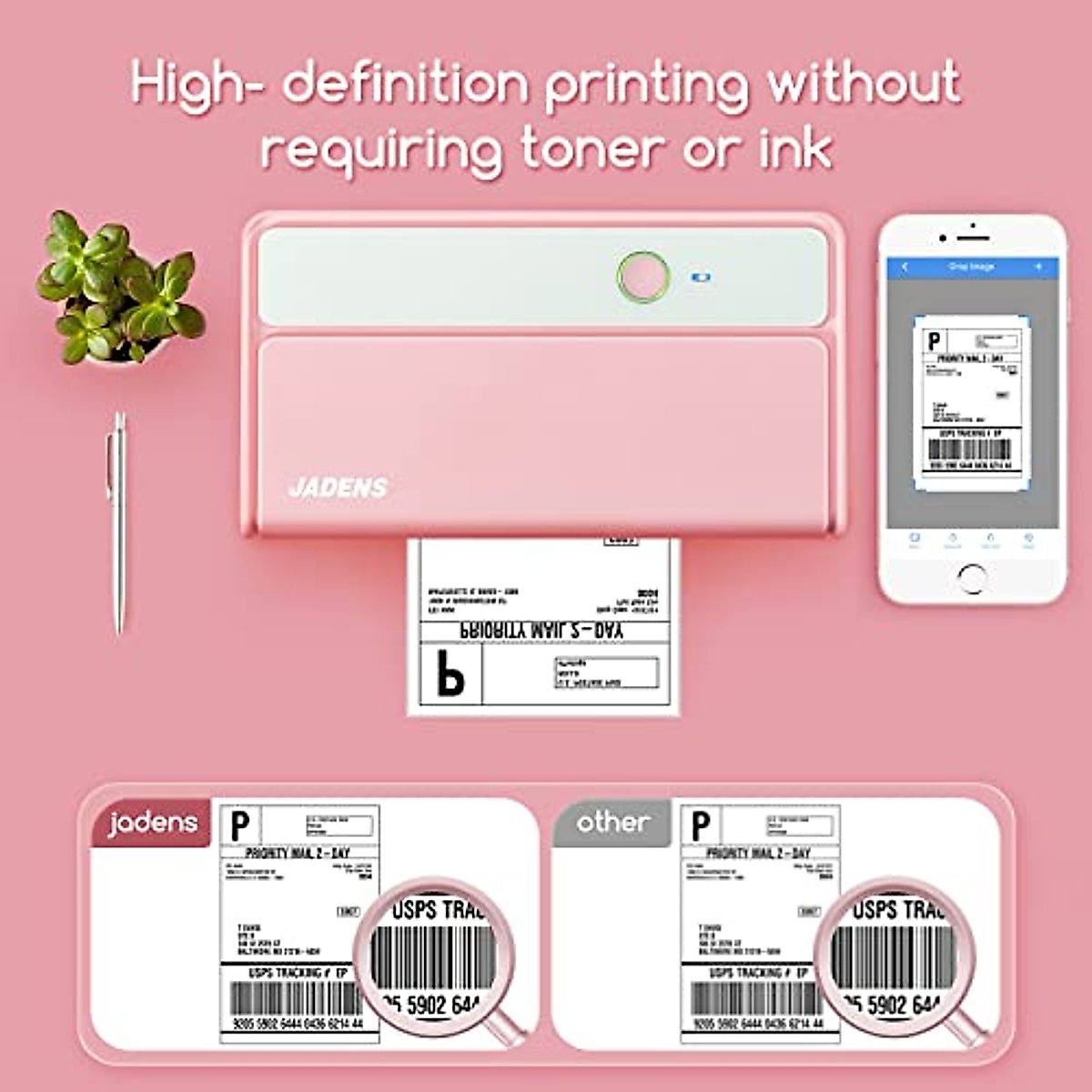 JADENS Bluetooth Thermal Label Printer -Wireless Shipping Label Printer for Ebay, USPS, Etsy & Amazon, Compatible with iPhone, Android & Windows (Mac Not Support Bluetooth), 4x6 Label Maker, Pink